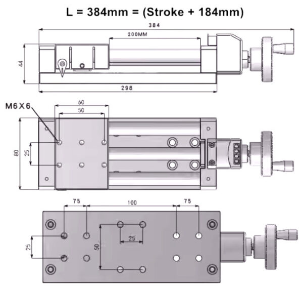 LSS294 ชุดรางเลื่อนสไลด์ บอลสกรู Stroke 200mm NS80-1402 Hand Wheel Ball ...